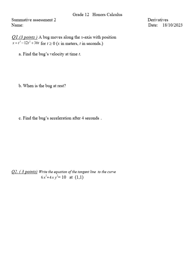 Grade 12 Honors Calculus Derivatives Exam | PDF