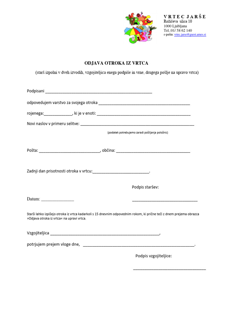 Odjava Otroka Iz Vrtca | PDF