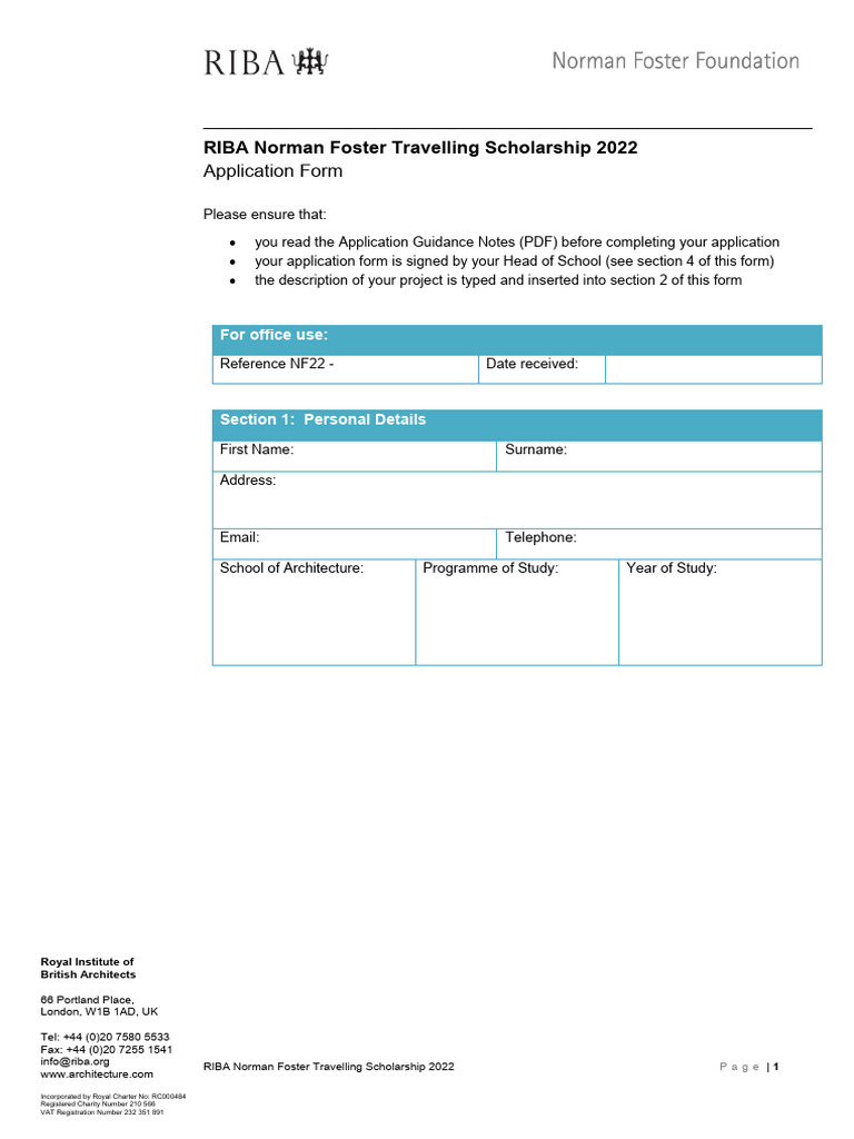 RIBA Norman Foster Travelling Scholarship 2022 - Application Form | PDF