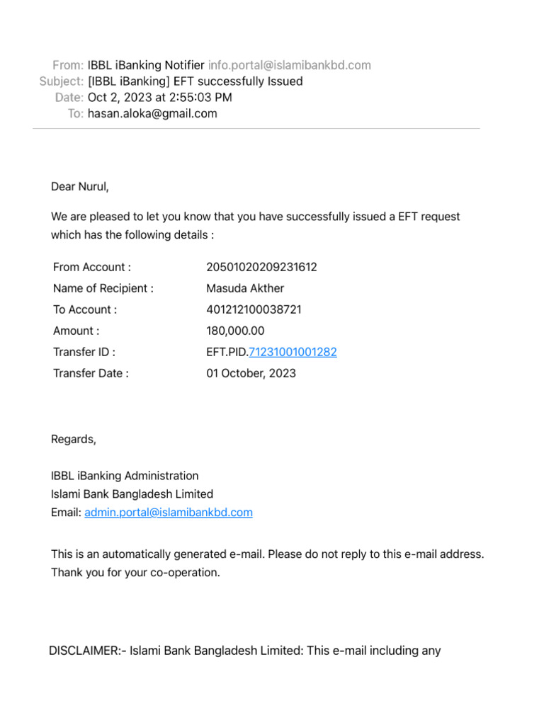 (IBBL IBanking) EFT Successfully Issued | PDF