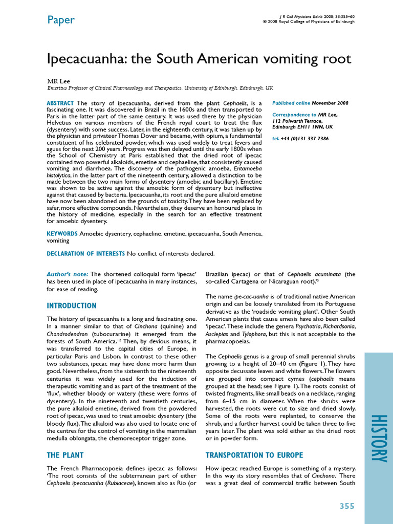 Ipecacuanha: The South American Vomiting Root: Paper | PDF