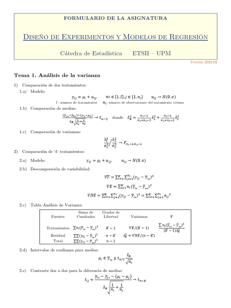 Formulario de Regresion | PDF | Diseño de experimentos | Análisis de variación