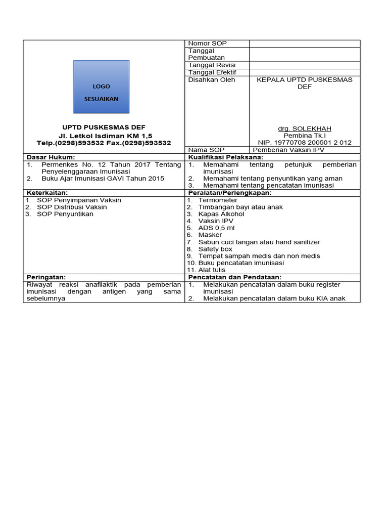 SOP Pemberian Vaksin IPV | PDF