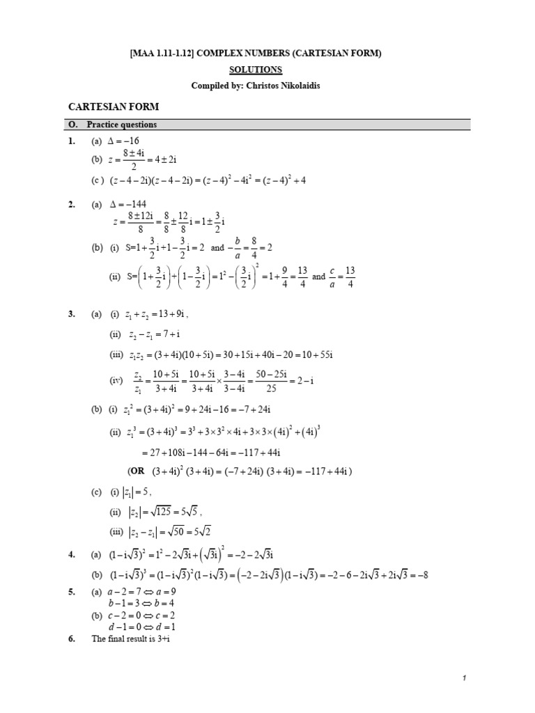 (Maa 1.11-1.12) Complex Numbers (Cartesian Form) - Solutions | PDF ...