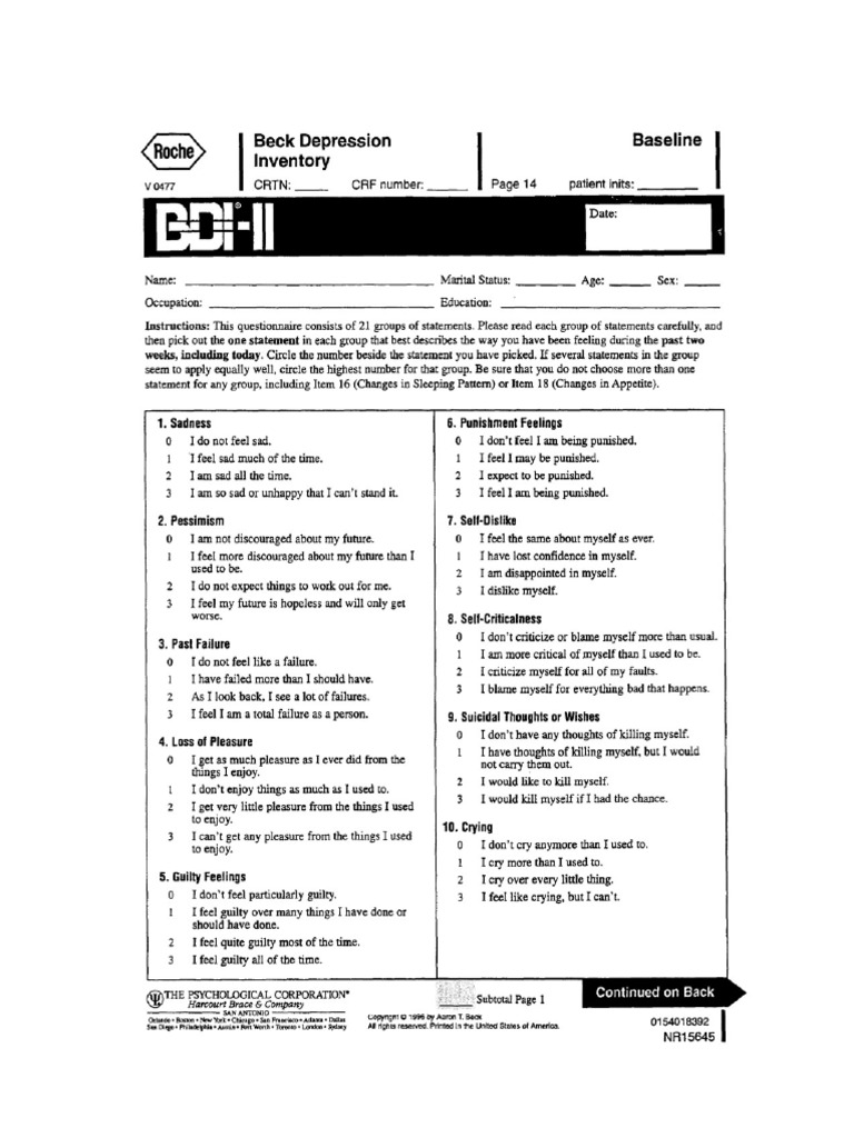 Beck Depression Inventory BDI 1700069756 | PDF