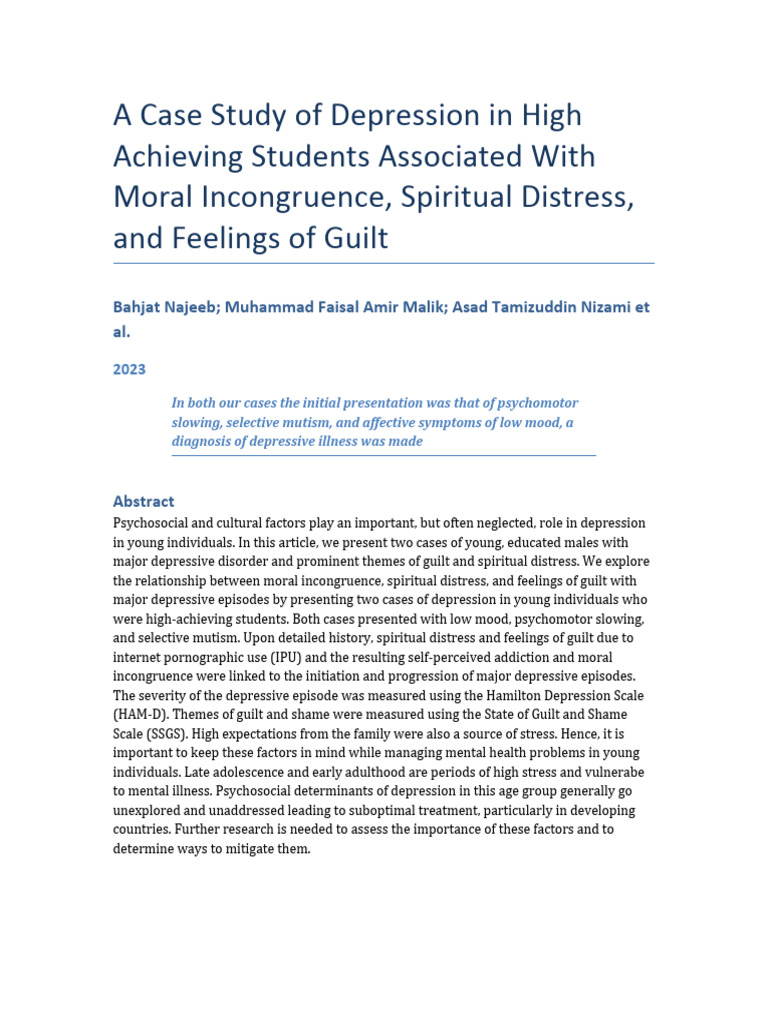 A Case Study of Depression in High Achieving Students Associated With Moral Incongruence ...