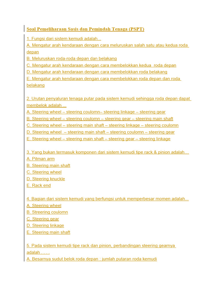 LAYIHAN Soal Pemeliharaan Sasis Dan Pemindah Tenaga | PDF | Teknologi & Rekayasa