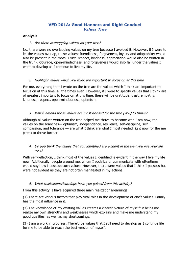 Values Tree - Analysis | PDF | Psychological Concepts | Behavioural Sciences