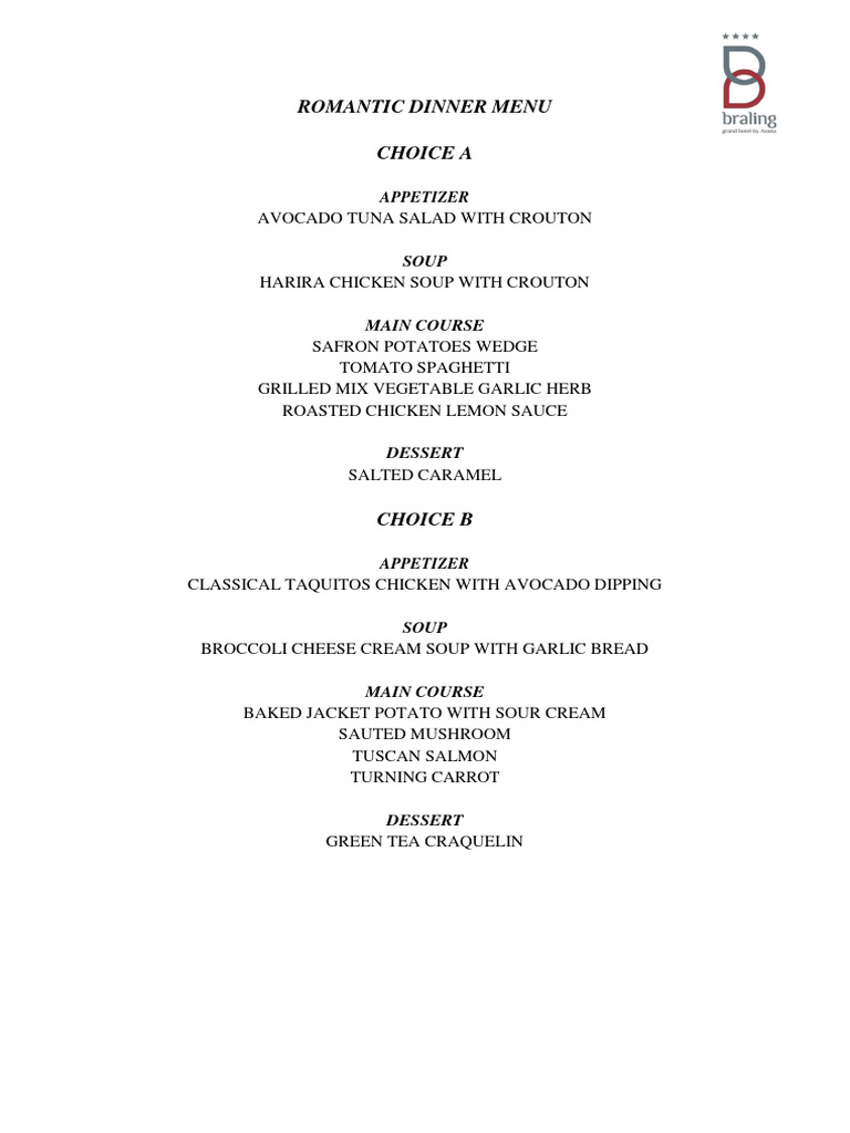 Romantic Dinner Menu A | PDF