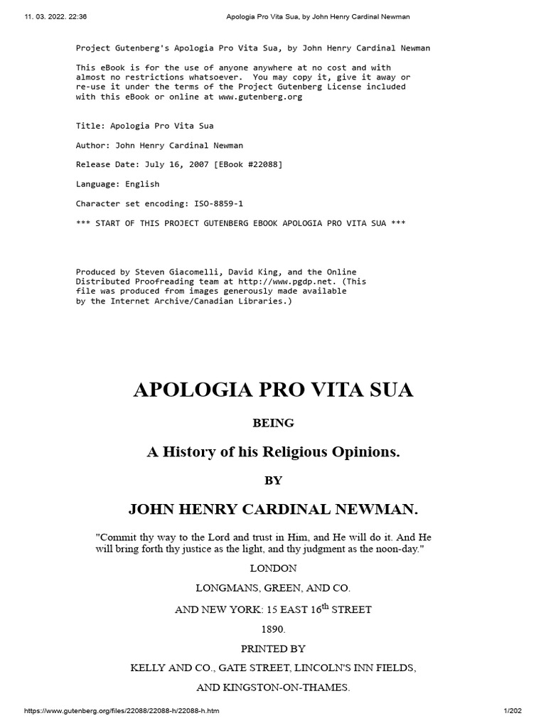Apologia Pro Vita Sua, by John Henry Cardinal Newman | PDF | John Henry Newman | Project Gutenberg