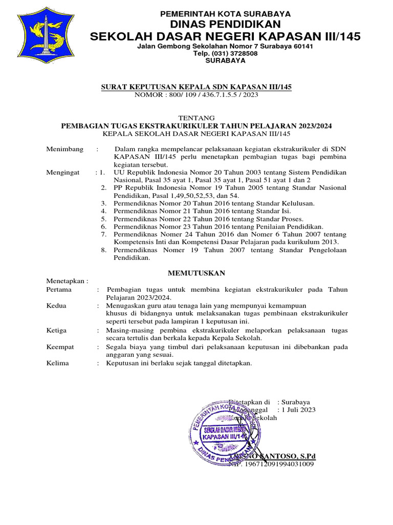 SK Ekstrakurikuler 2023-2024 | PDF