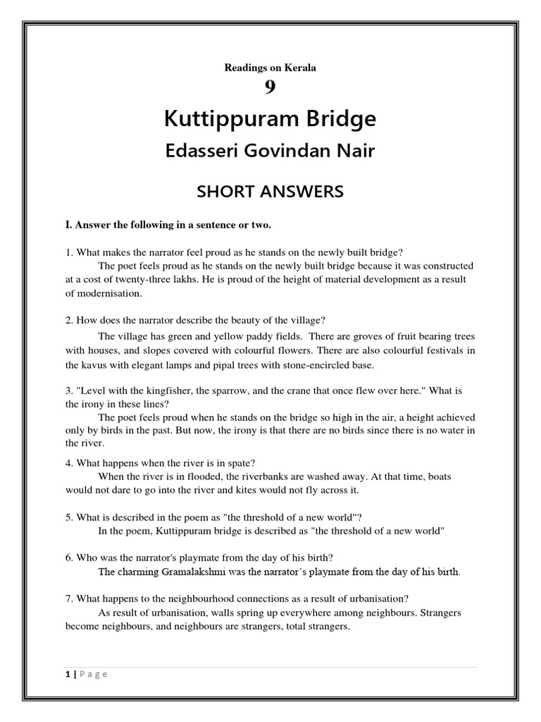 Kuttippuram Bridge SHORT ANSWERS & ESSAYS | PDF | Poetry