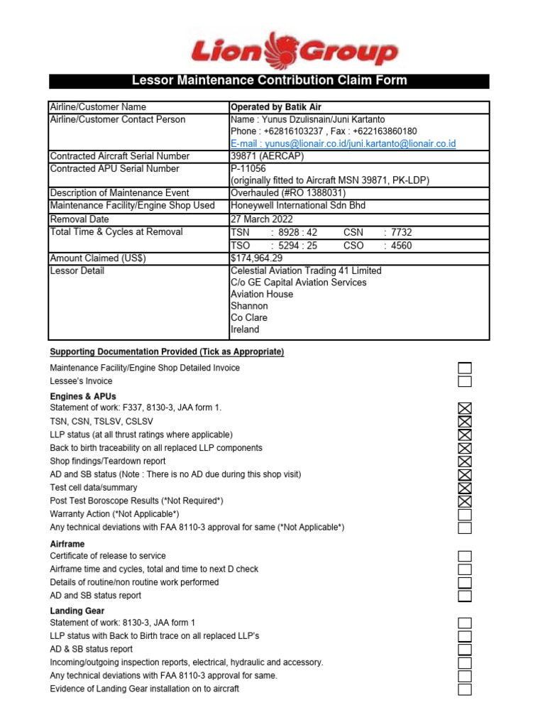APU P-11056 - Claim Form | PDF | Aviation | Aircraft
