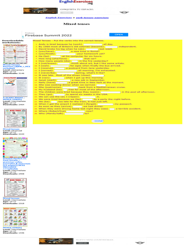 English Exercises Mixed Tenses | PDF | Perfect (Grammar) | Syntax