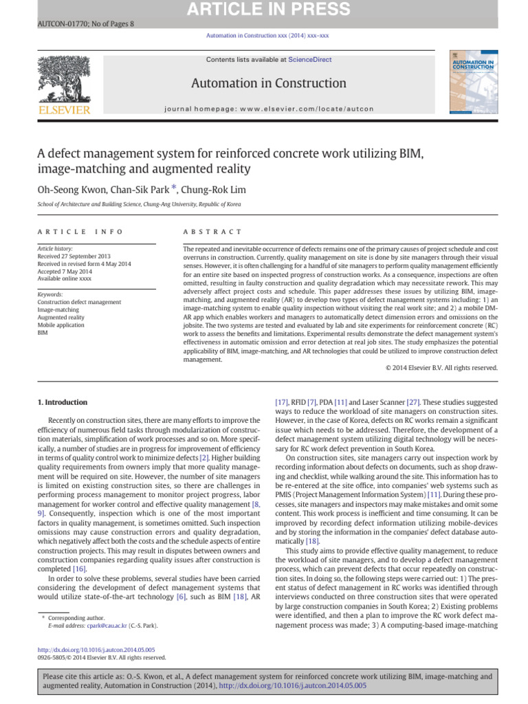 A Defect Management System For Reinforced Concrete Work Utilizing Bim Pdf Building