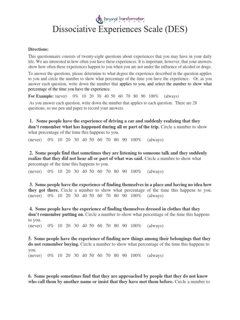 DES Questionnaire | PDF | Experience | Mental Processes