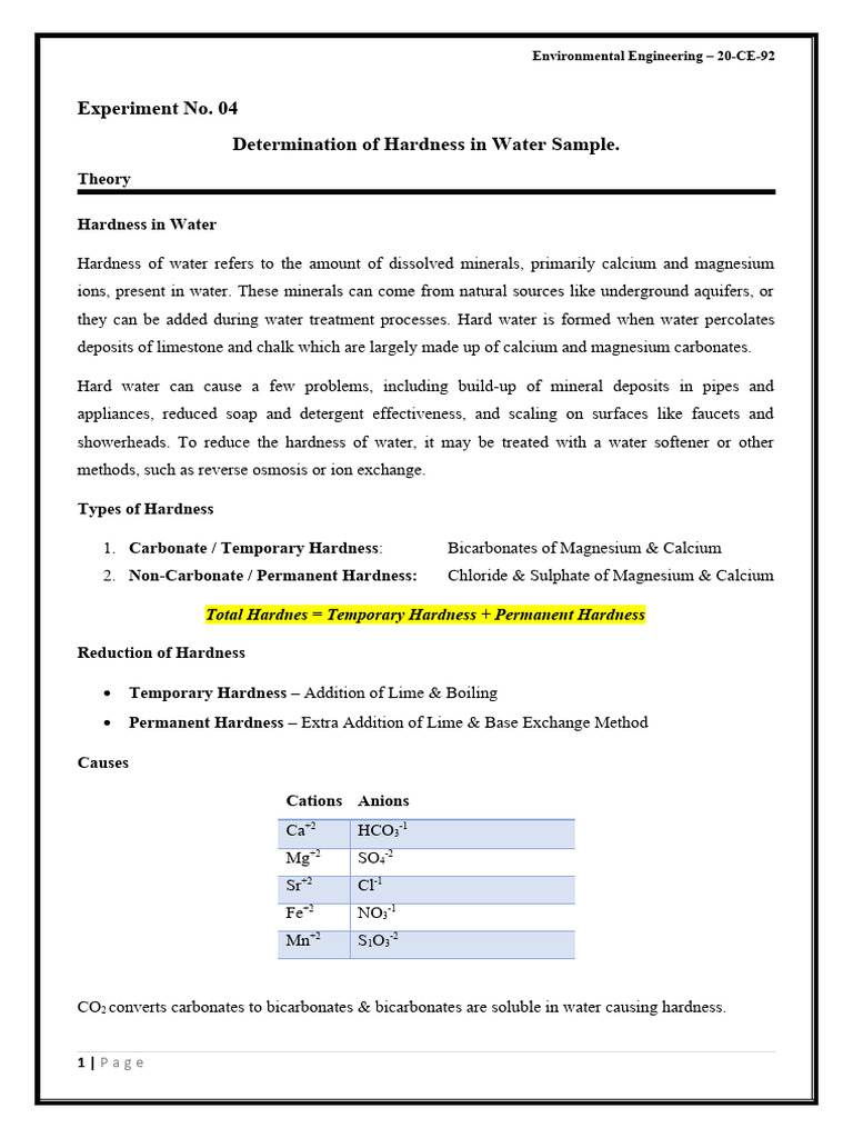 Experiment No. 04 Determination of Hardness in Water Sample | PDF | Titration | Chemistry