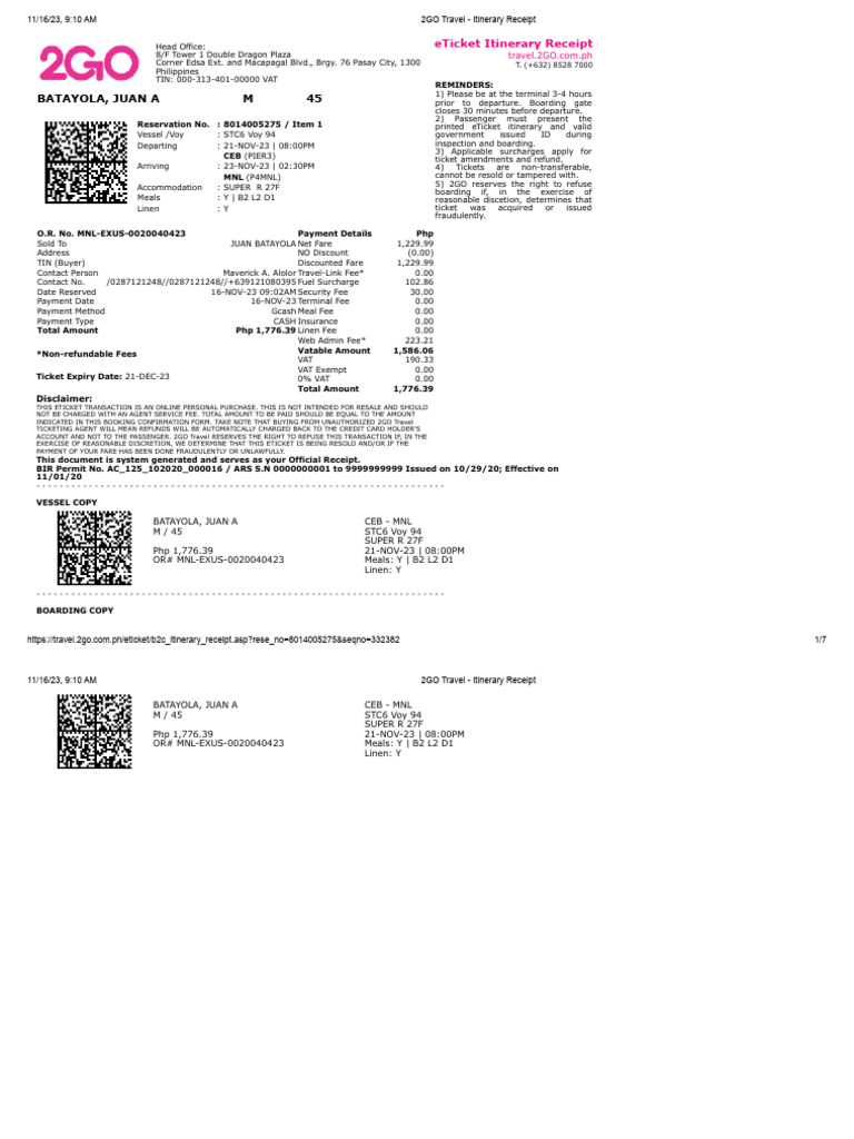 2GO Travel - Itinerary Receipt Employee (DMI) | PDF | Ticket (Admission ...