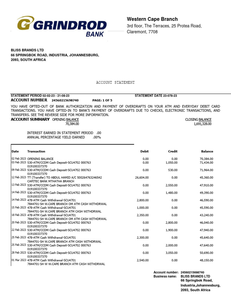 Bank Grindord Statement | PDF | Cash | Overdraft