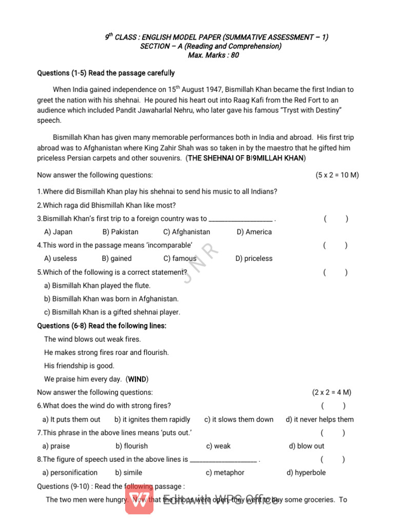 9th Class English S.A-1 Model Paper | PDF