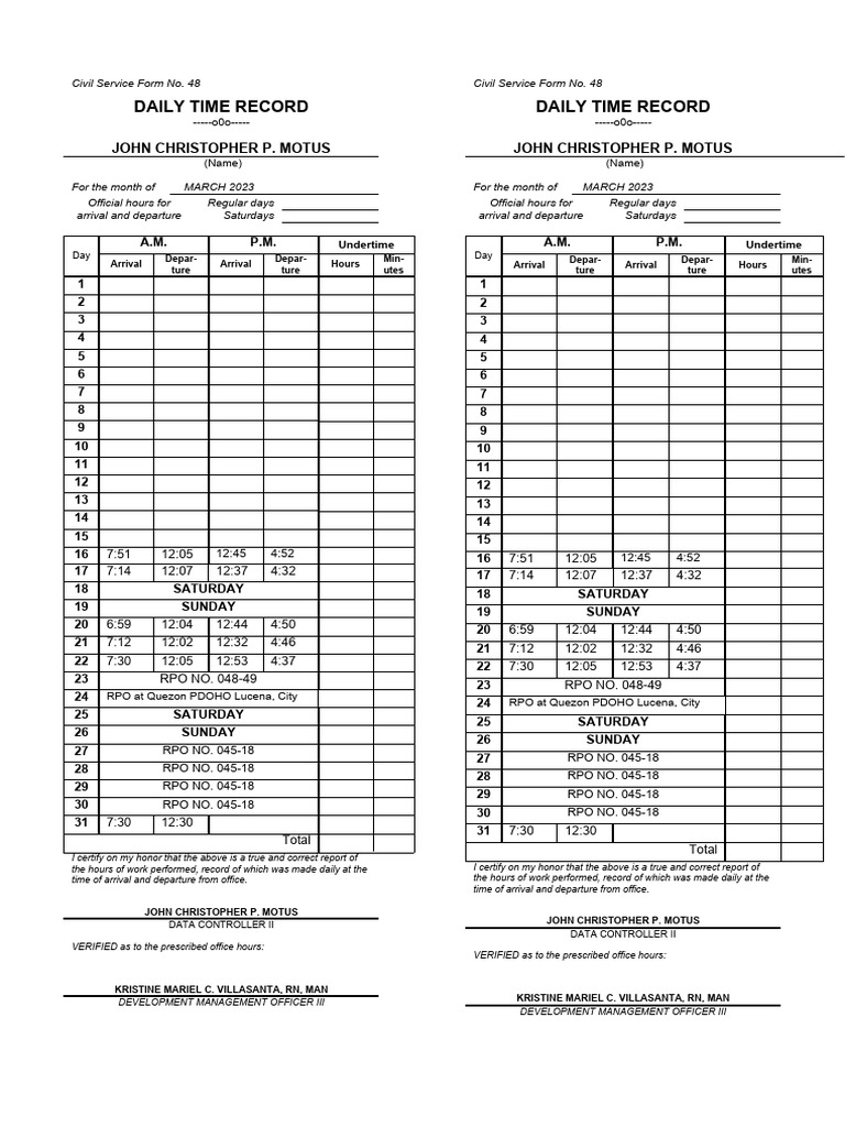 CSCForm48 - DailyTimeRecordDTRMOTUS (MARCH) | PDF