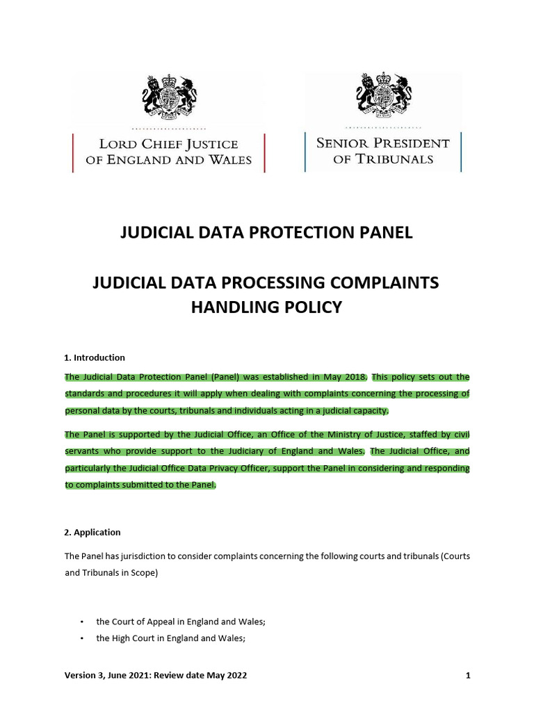 Judicial Data Processing Complaints Handling Policy June 2021 | PDF ...