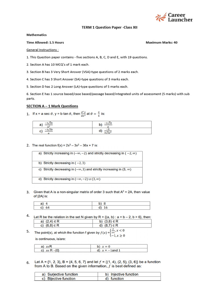 12th TERM 1 Question Paper | PDF | Function (Mathematics) | Functions And Mappings
