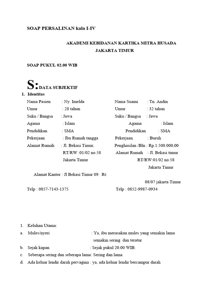 SOAP PERSALINAN Kala I | PDF