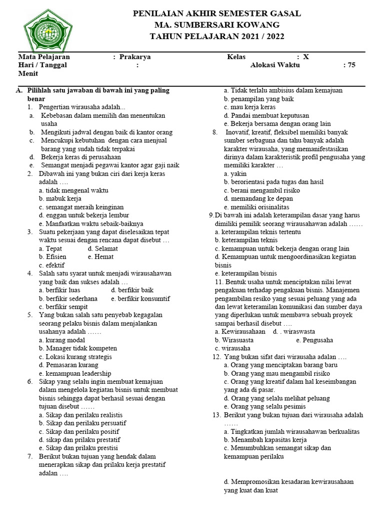 Soal PTS Prakarya X | PDF