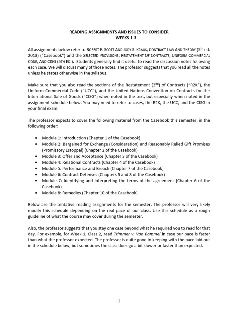 Contracts Reading Assignments 2023-24 Weeks 1-3 2 | PDF | Commodity | Adam Smith