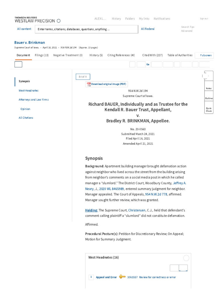 Bauer v. Brinkman - Cases - Iowa - Westlaw Precision | PDF | Defamation ...