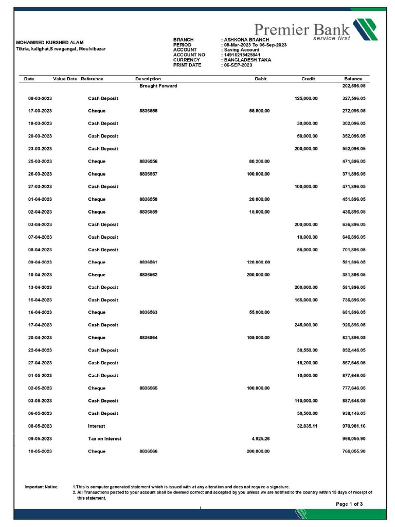 Primier Bank Saving | PDF
