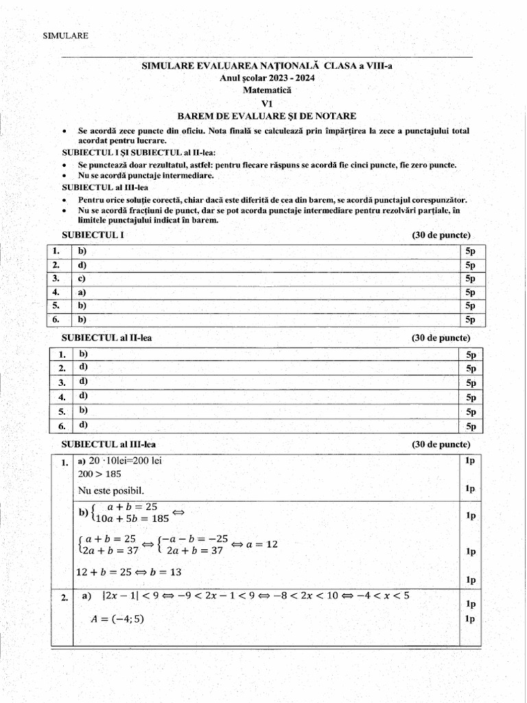 Barem Varianta 1 - Simularea EN - MATe | PDF