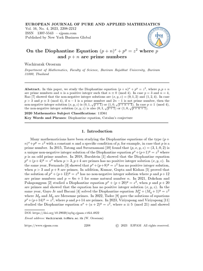 Prime Diophantine Solutions | PDF | Equations | Prime Number