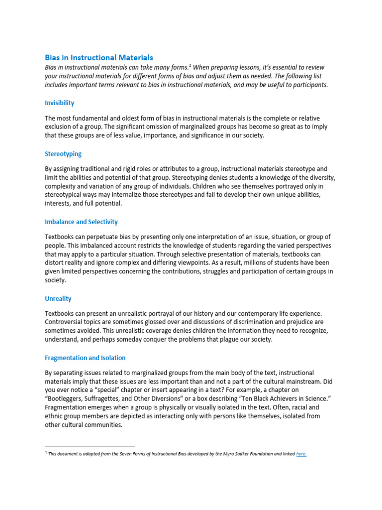 Session Two Curriculum and Learning Environments Bias in Instructional ...