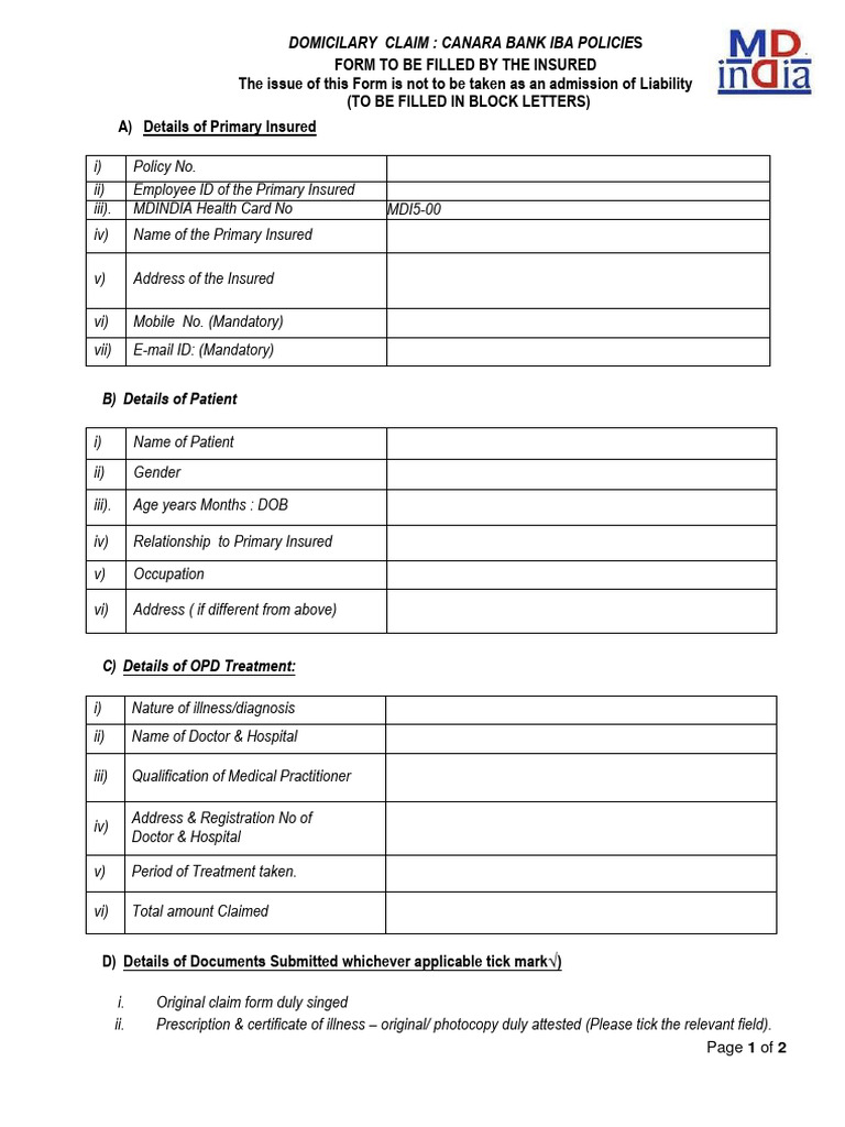 Canara Bank IBA Domiciliary Claim Form | PDF | Physician | Insurance