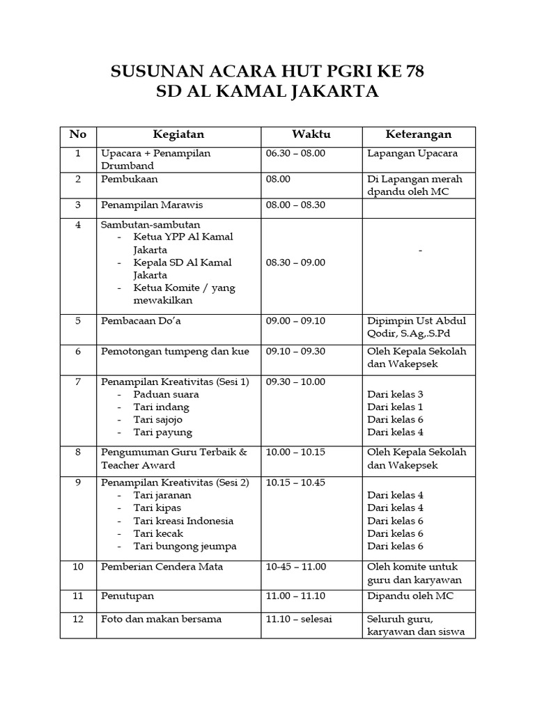 Susunan Acara Hut Pgri Ke 78 | PDF
