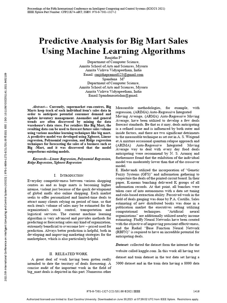 Predictive Analysis For Big Mart Sales Using Machine Learning Algorithms | PDF | Regression ...