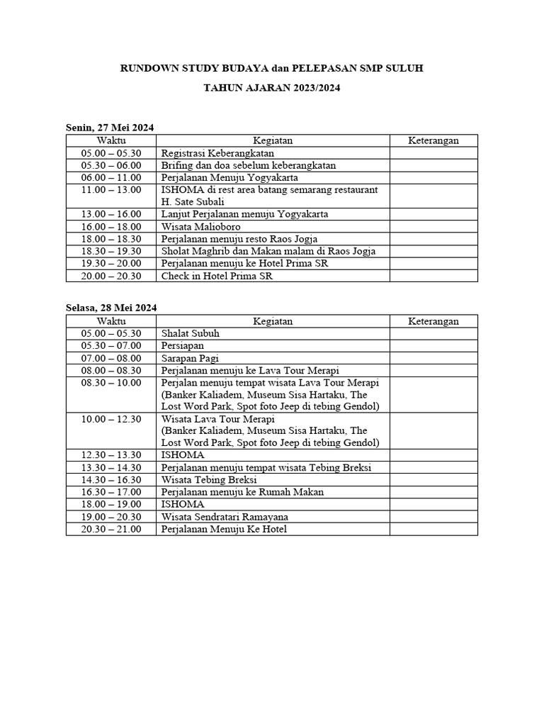 RUNDOWN STUDY BUDAYA Dan PELEPASAN SMP SULUH | PDF