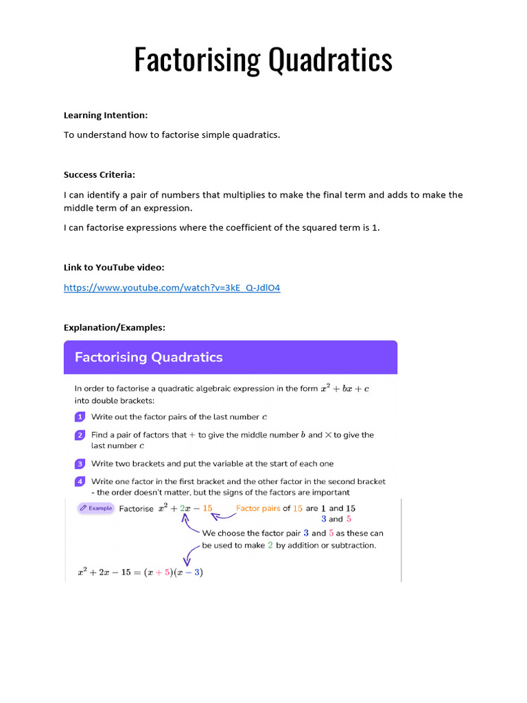 Factorising Quadratics | PDF