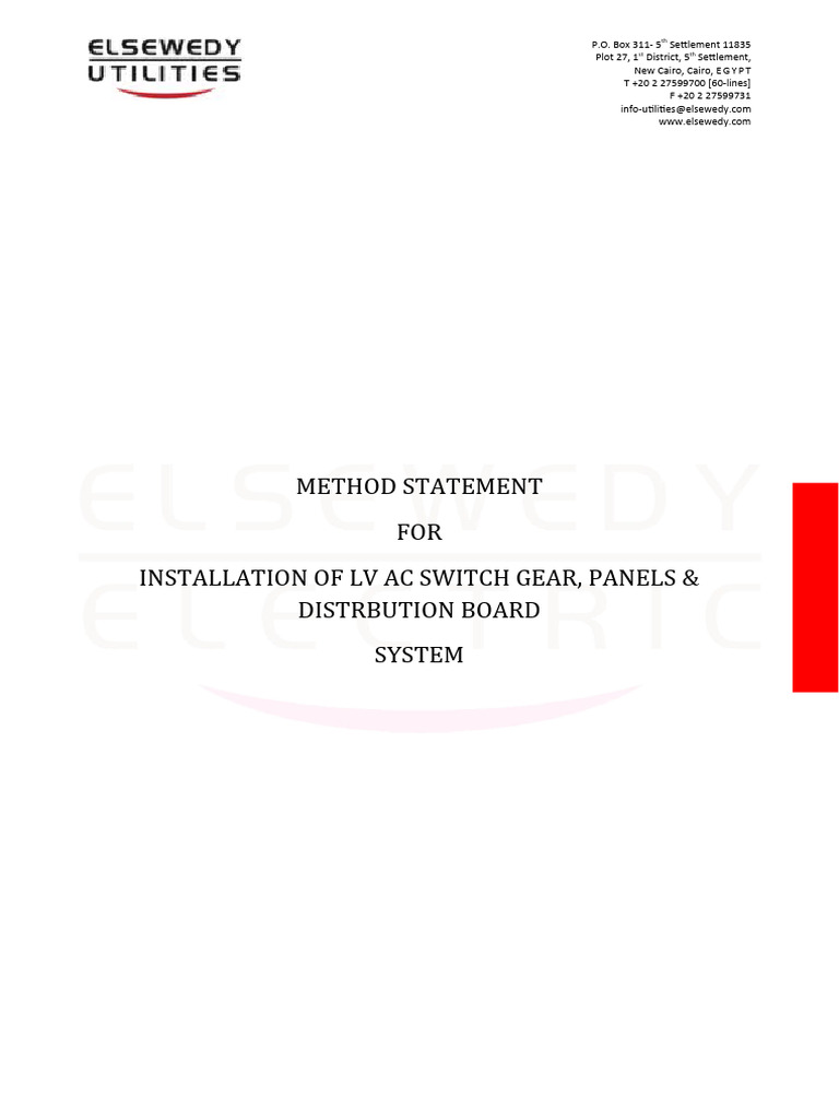Method of Statement For MDB | PDF | Equipment | Electrical Components
