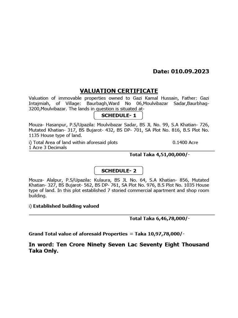 Valuation Cert Dual New | PDF
