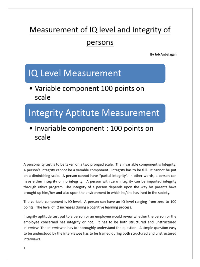 Integrity and IQ Measurement Test | PDF | Intelligence Quotient ...