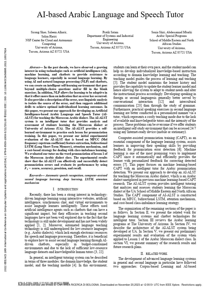 AI-based Arabic Language and Speech Tutor | PDF | Arabic | Deep Learning
