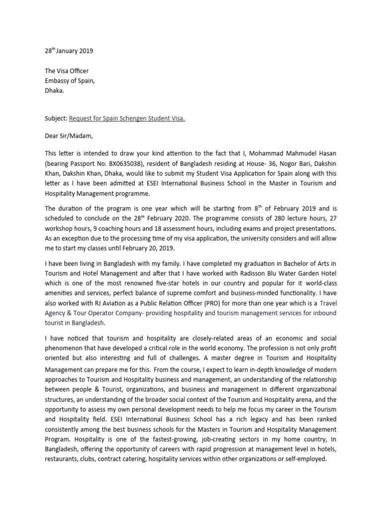 Spain Student Visa Application Letter | PDF | Tourism | Travel Visa