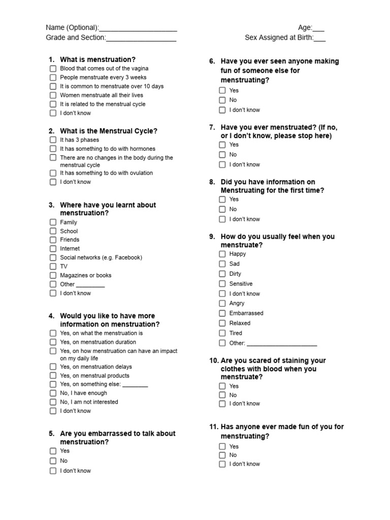 Questionnaire | PDF | Menstrual Cycle | Menstruation