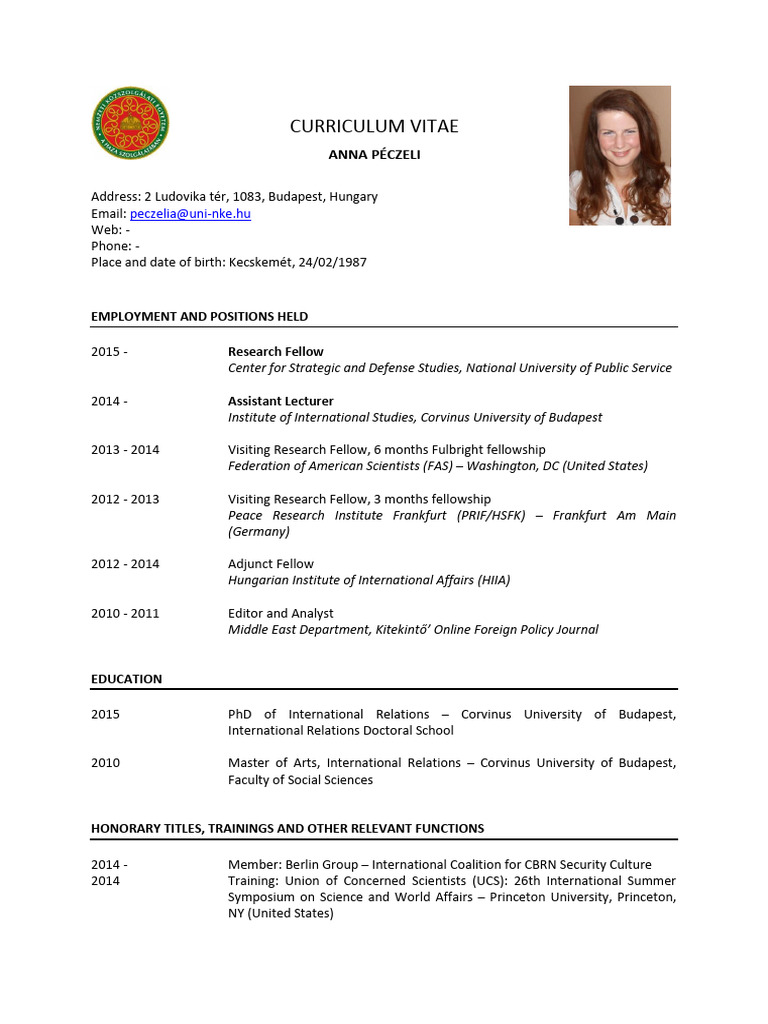 Peczeli Anna CV Eng 1.original | PDF | International Relations | International Security