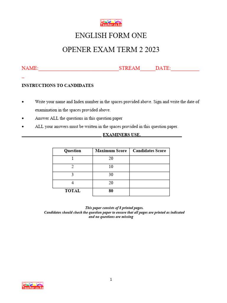 English Form One Term 2 Exam 2023 | PDF | Disciplines | Ellipsis