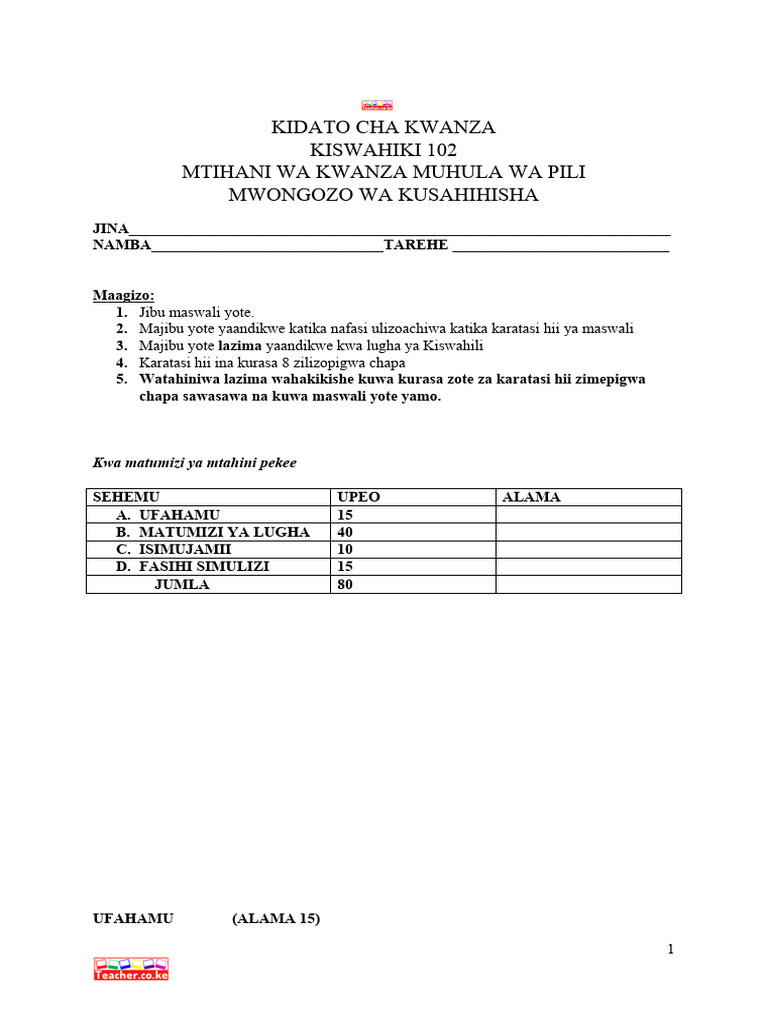 KISWAHILI F1 QS Term 2 Opener 2023 | PDF