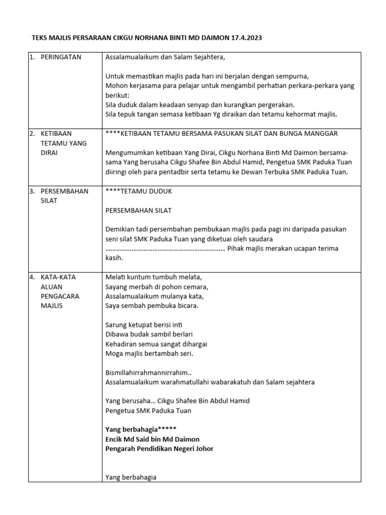 Teks Majlis Persaraan Cikgu Norhana Daimon 17.4.2023 | PDF